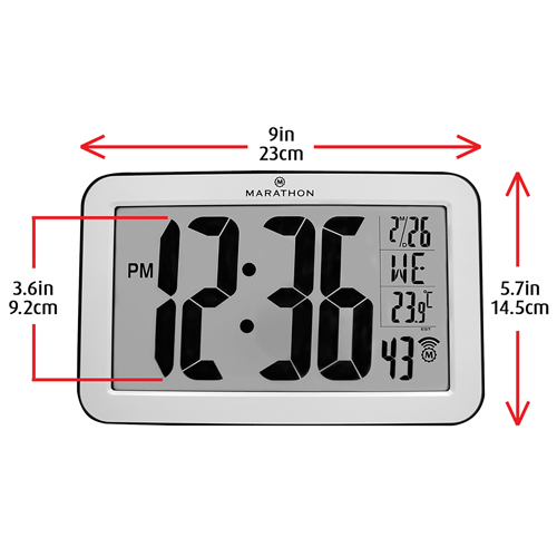 MARATHON Atomic Clock, Digital, Battery Operated, 9" W x 1.5" D x 5.7 ...