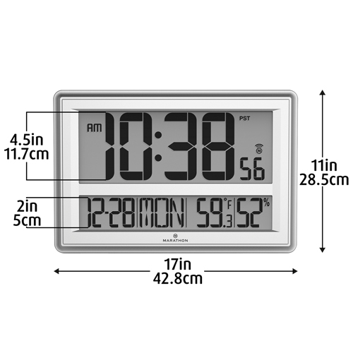 MARATHON Jumbo Atomic Clock, Digital, Battery Operated, 17" W x 1" D x ...
