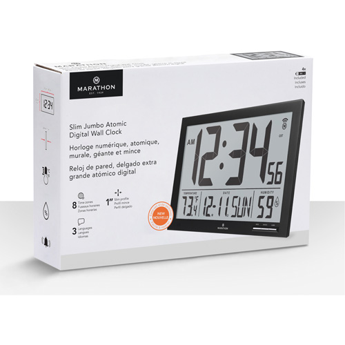 Marathon CL030062-BK-00-NA Slim Jumbo Self-Setting Wall Clock, Digital ...