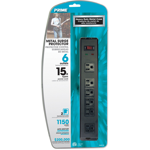 Prime PB802135 Surge Protector, 6 Outlets, 1150 J, 1875 W, 15' Cord