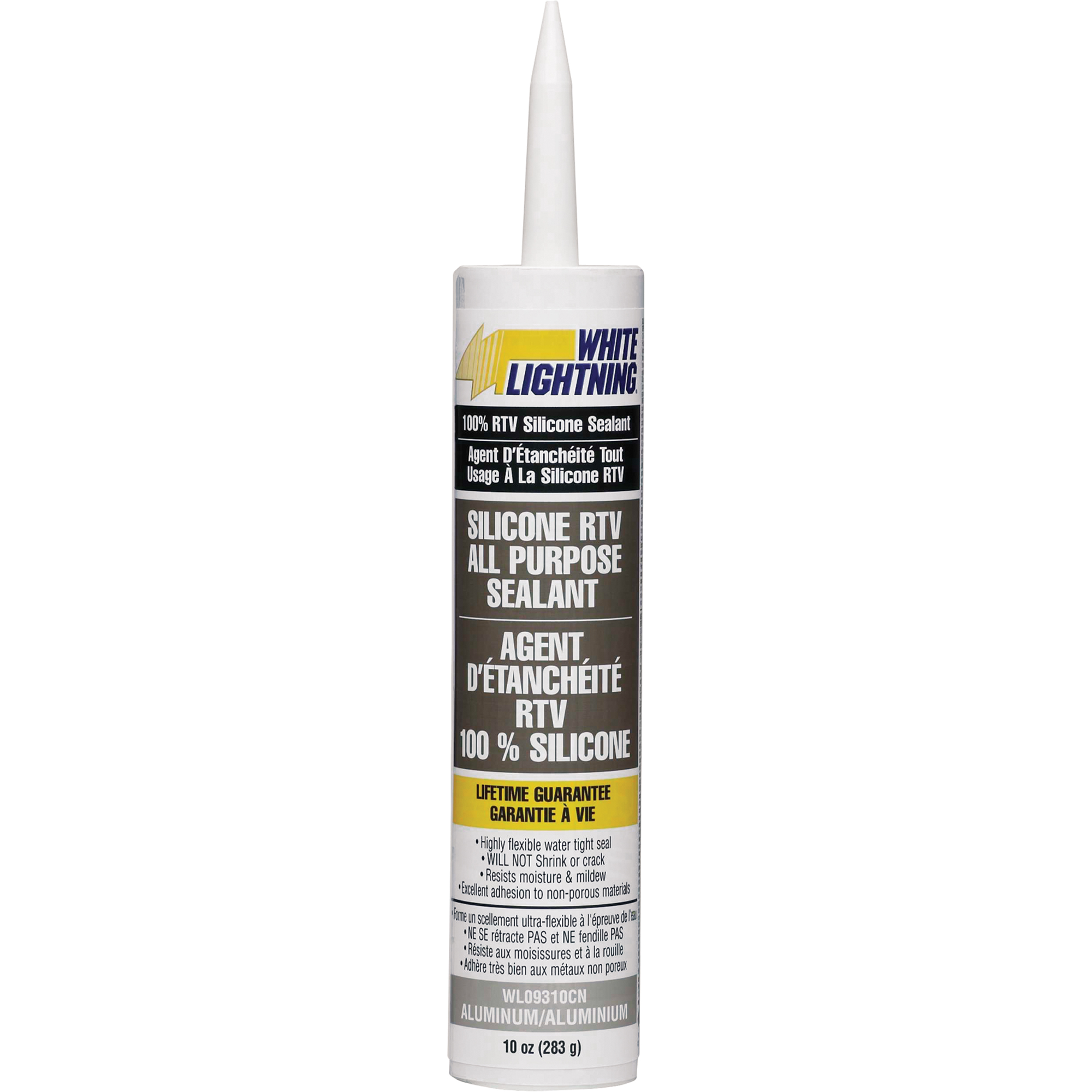 White Lightning WL09310CN Premium 100% RTV Silicone Sealant, Tube, Aluminum