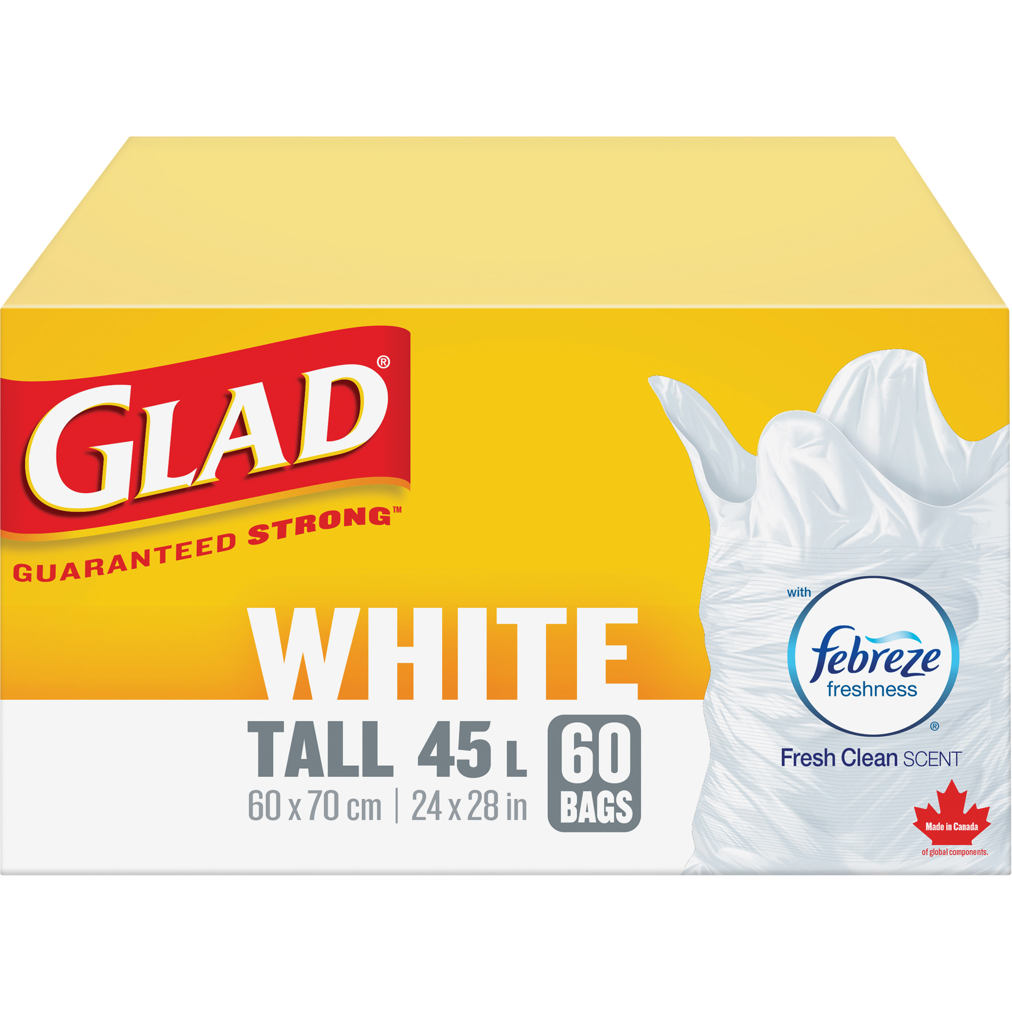 Glad 30279 Tall 45L Febreze Garbage Bags, Regular, 24" W x 28" L, White ...