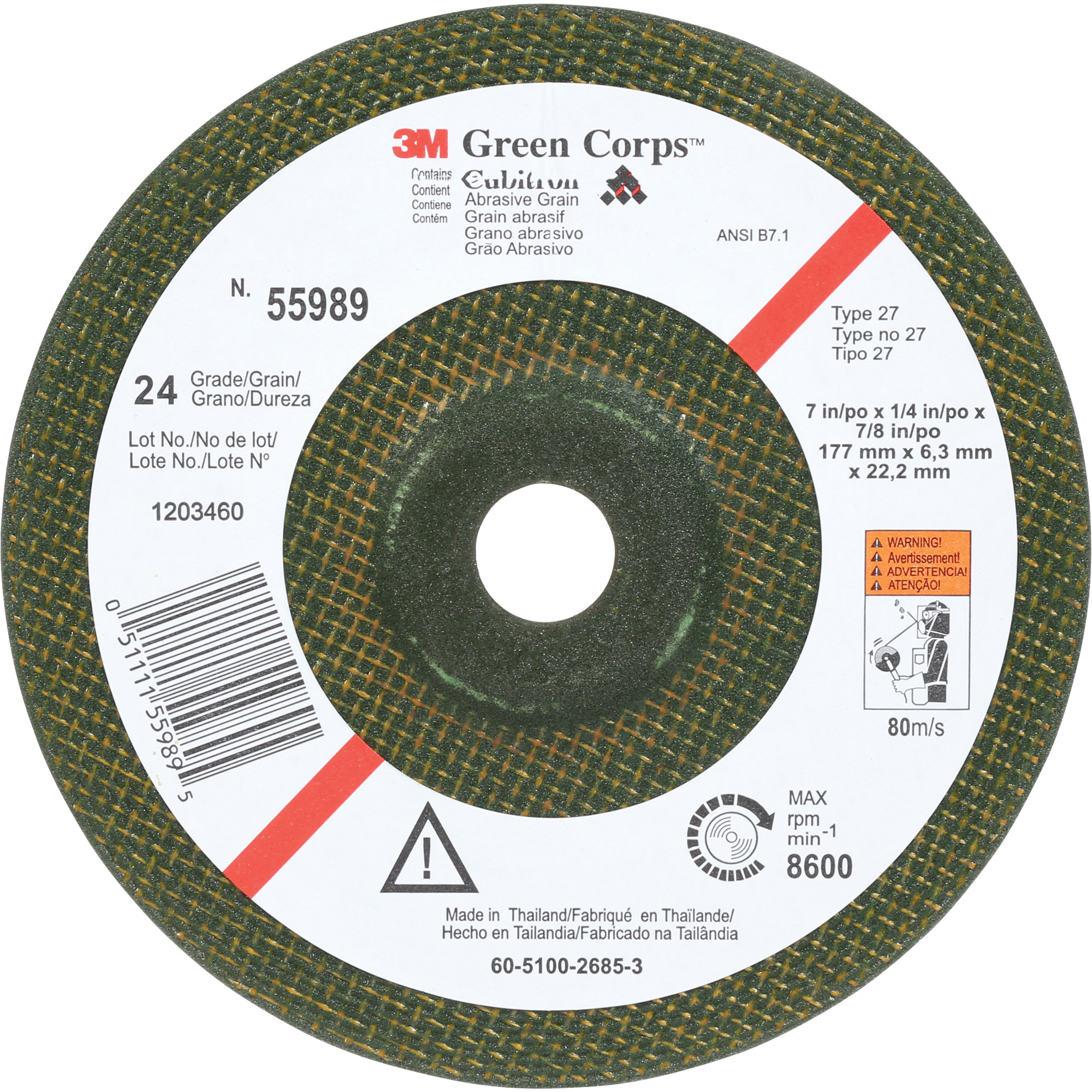 3M AB55989 Green Corps Flexible Grinding Wheel, 7" x 1/4", 7/8" Arbor ...