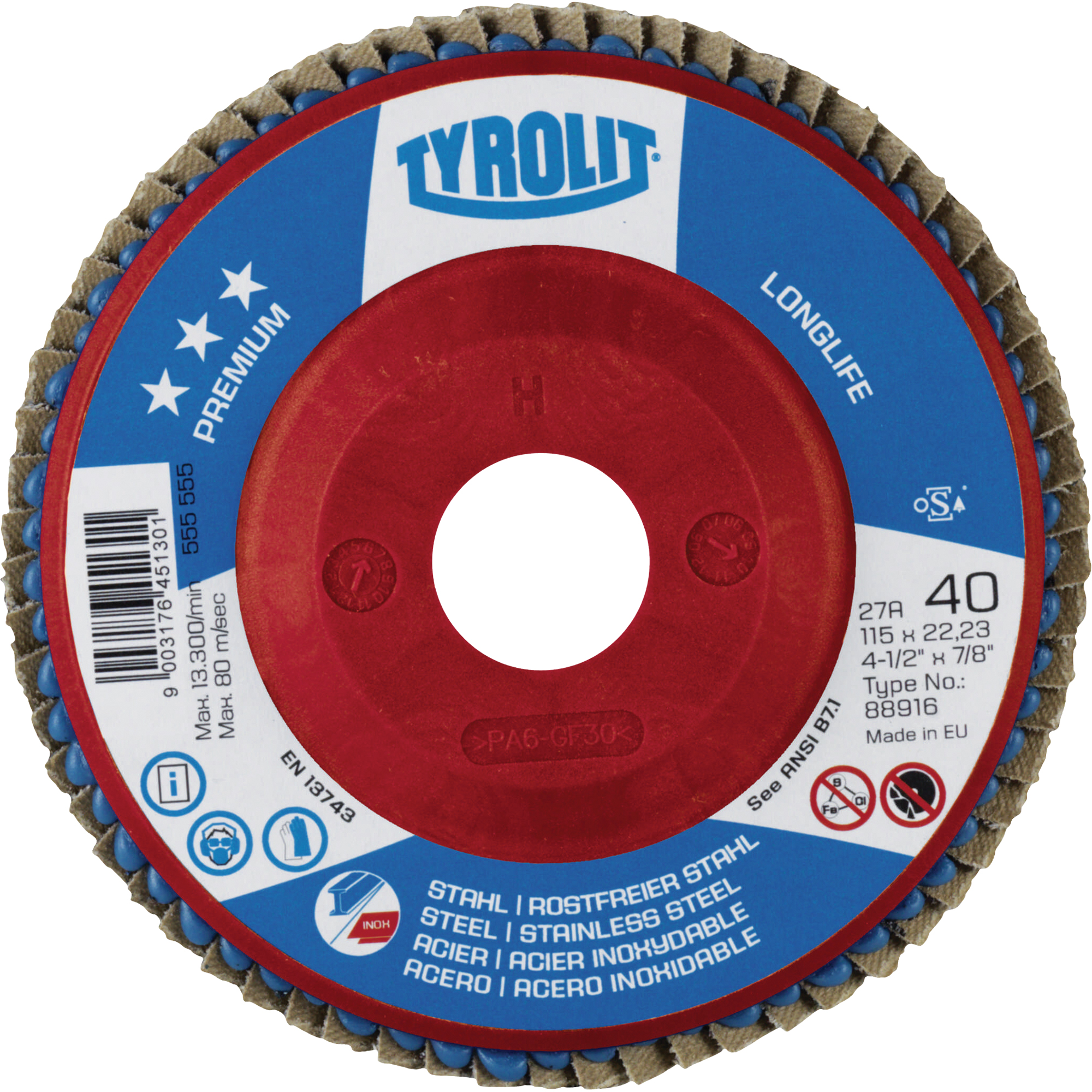 TYROLIT Long Life Flap Disc, 4-1/2" x 7/8", Type 27, 40 Grit, Zirconium NU883 ( 680369) | Shop ...