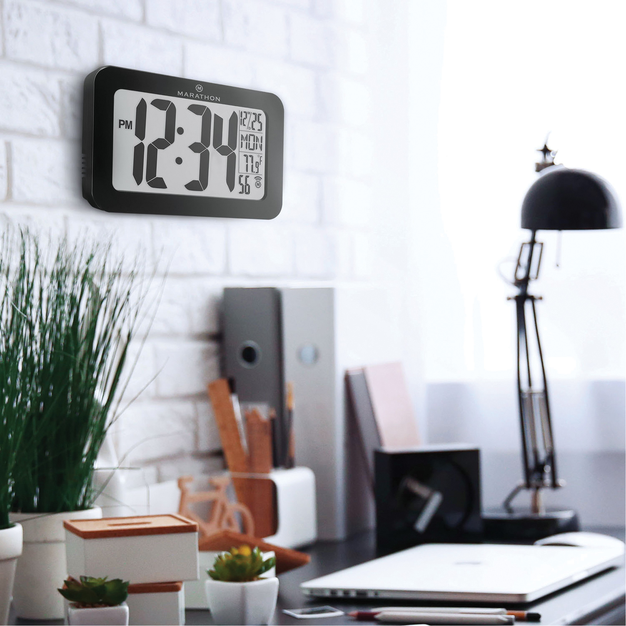 MARATHON Atomic Clock, Digital, Battery Operated, 9" W x 1.5" D x 5.7 ...