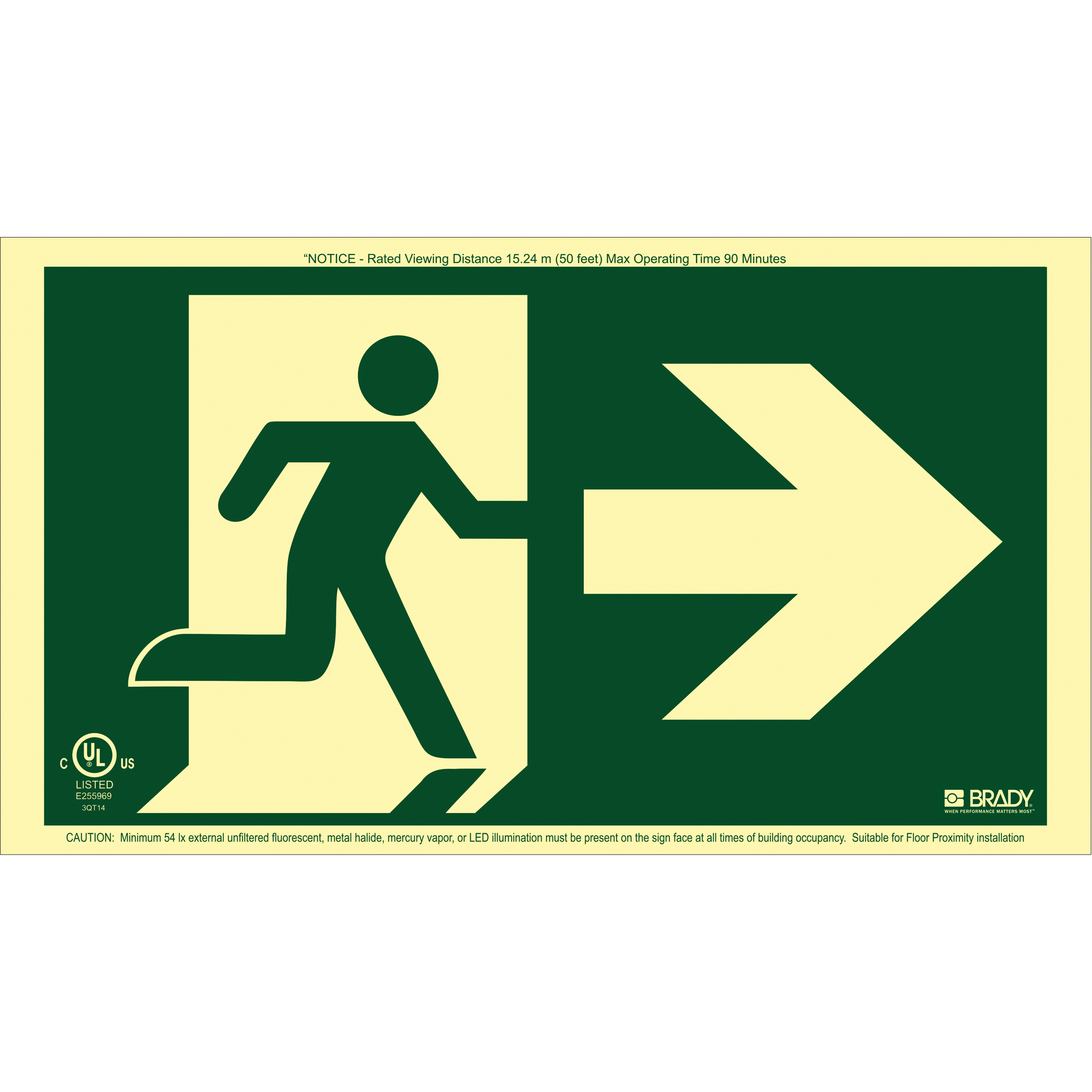 Brady 143528 BradyGlo® Running Man Exit Sign with Right Arrow, 8-1/2" x ...