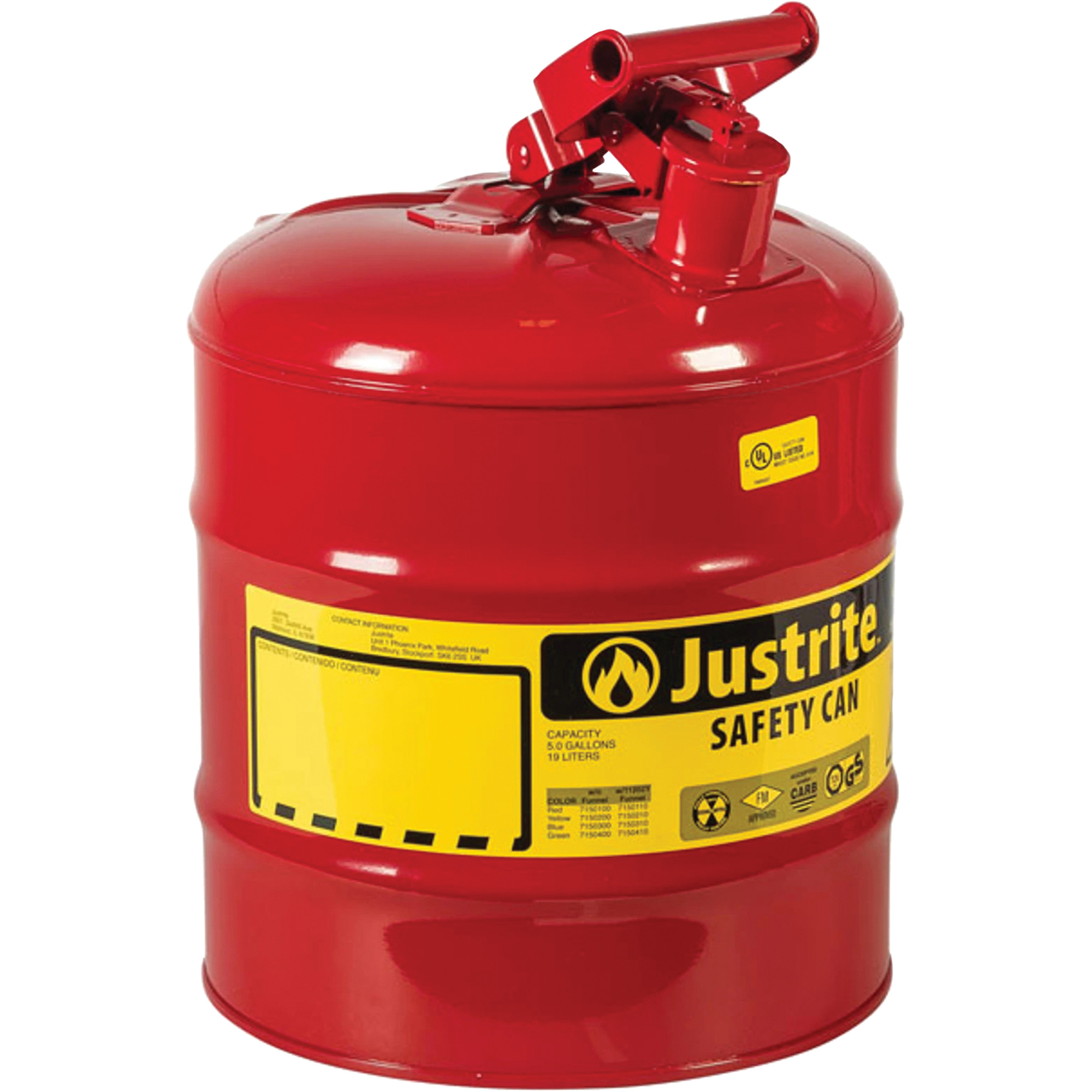 Justrite 7150100 Safety Cans, Type I, Steel, 5 US gal., Red, FM ...