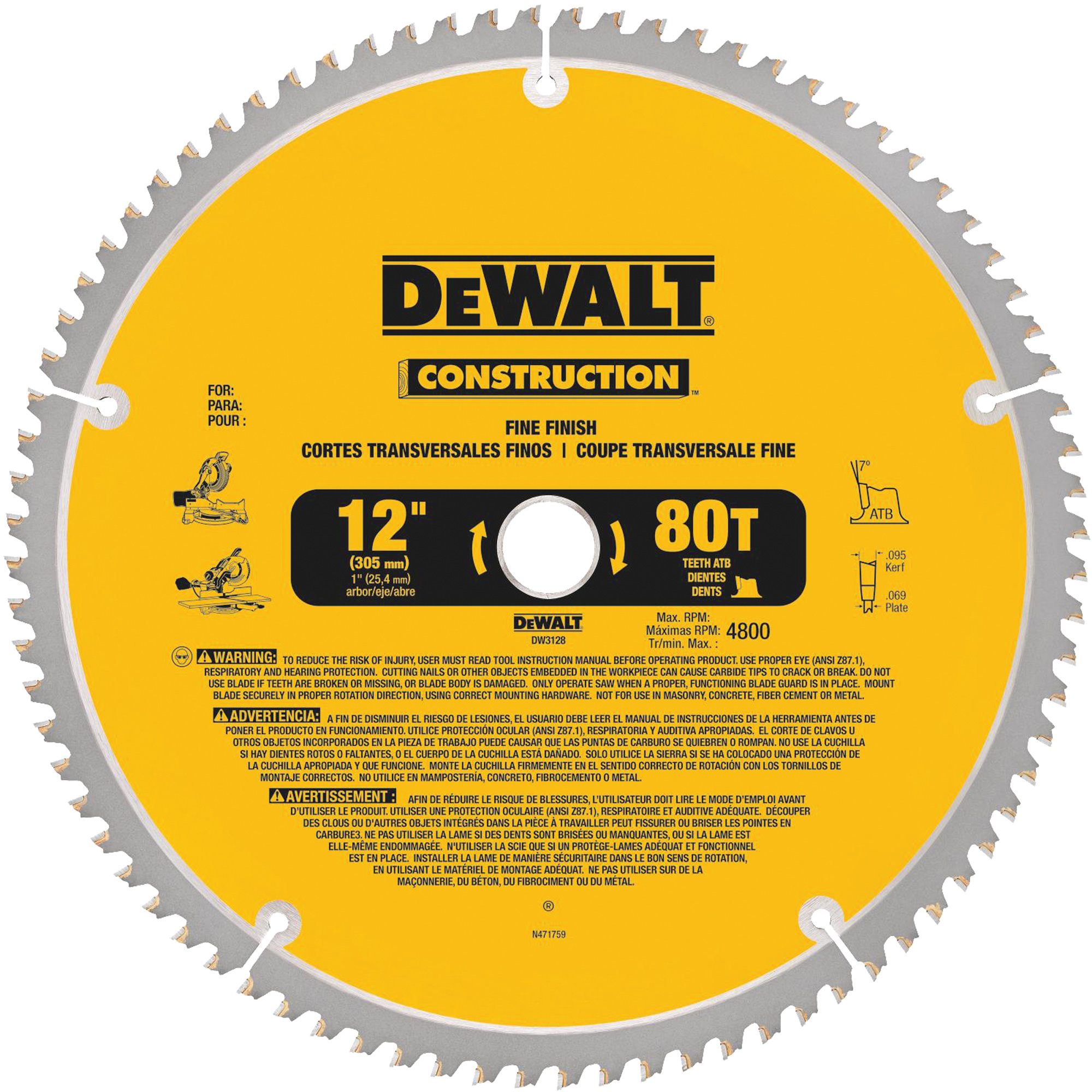 Dewalt DW3128 General-Purpose Circular Saw Blade, 12", 80 Teeth, Wood Use